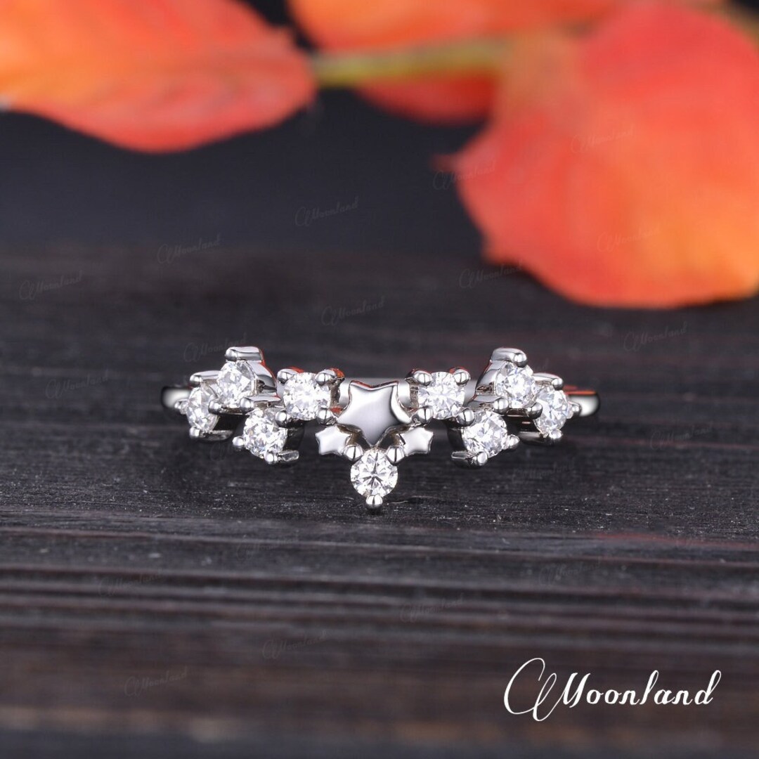 Star White Gold Ring Cluster Wedding Band Women Moissanite Fashion ...