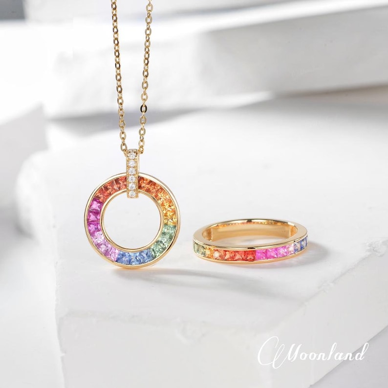 Natural Rainbow Sapphire Pendant Necklace and Ring Set Unique Channel ...