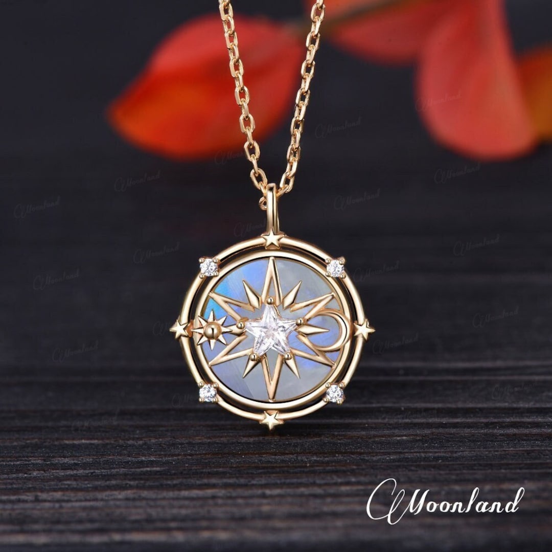 Vintage Moonstone Pendant Yellow Gold North Star Compass Pendant ...