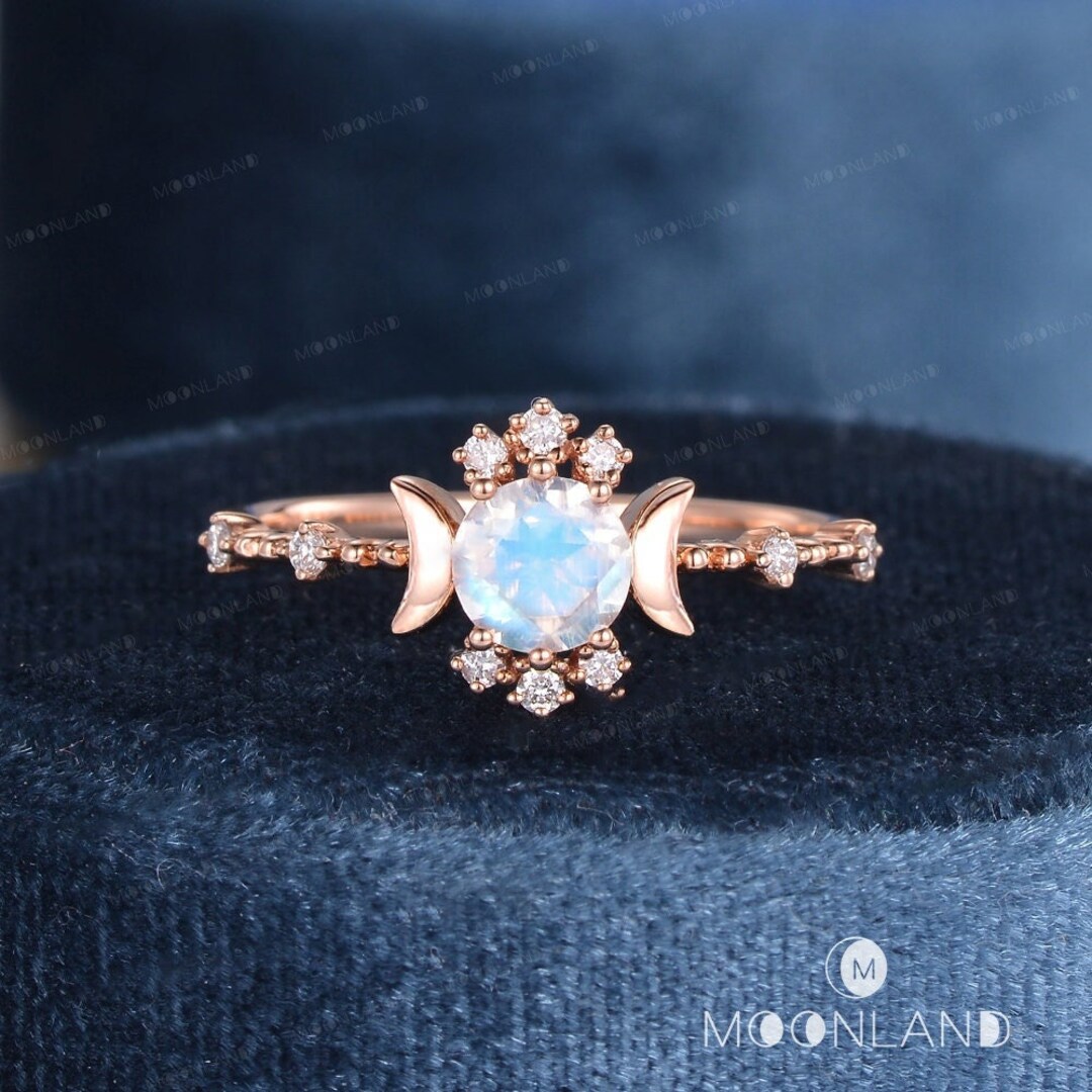 Vintage Moonstone Engagement Ring Rose Gold Moon Crescent Wedding Ring ...