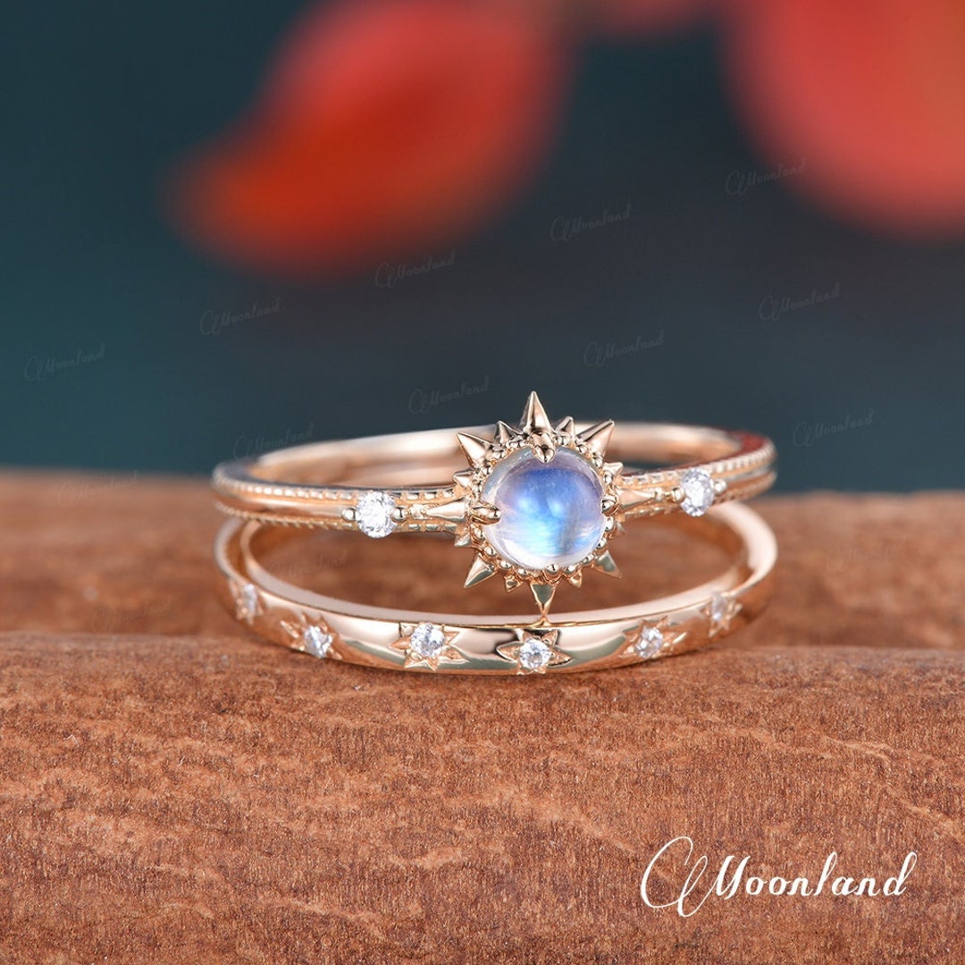 Sun and Star Moonstone Ring Set Vintage Natural Moonstone Engagement ...
