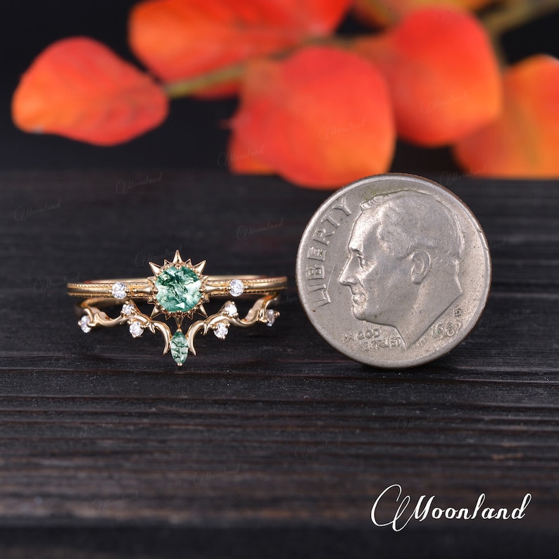 Unique Sun and Moon Engagement Ring Set Vintage Natural Moss Agate ...