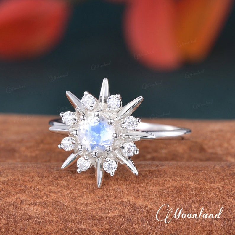 Vintage Moonstone Ring White Gold North Star Ring Halo - Etsy