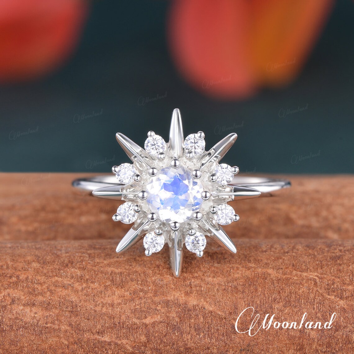 Vintage Moonstone Ring White Gold North Star Ring Halo Moissanite ...