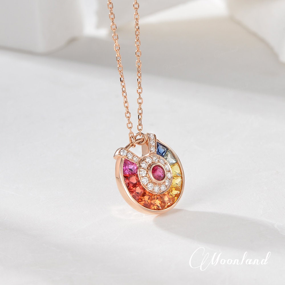Unique Natural Rainbow Sapphire Necklace Channel Set Circle Pendant ...