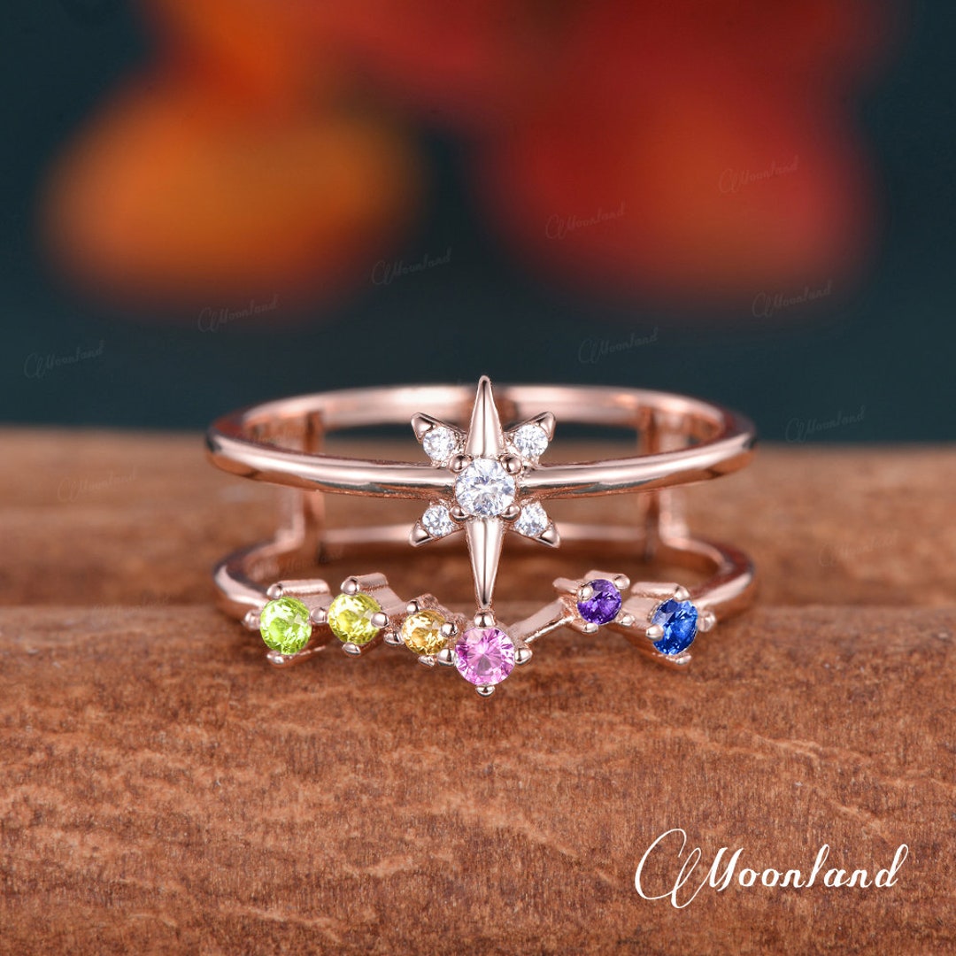 Gold North Star Ring Rainbow Polar Star Ring Rose Gold Moissanite ...