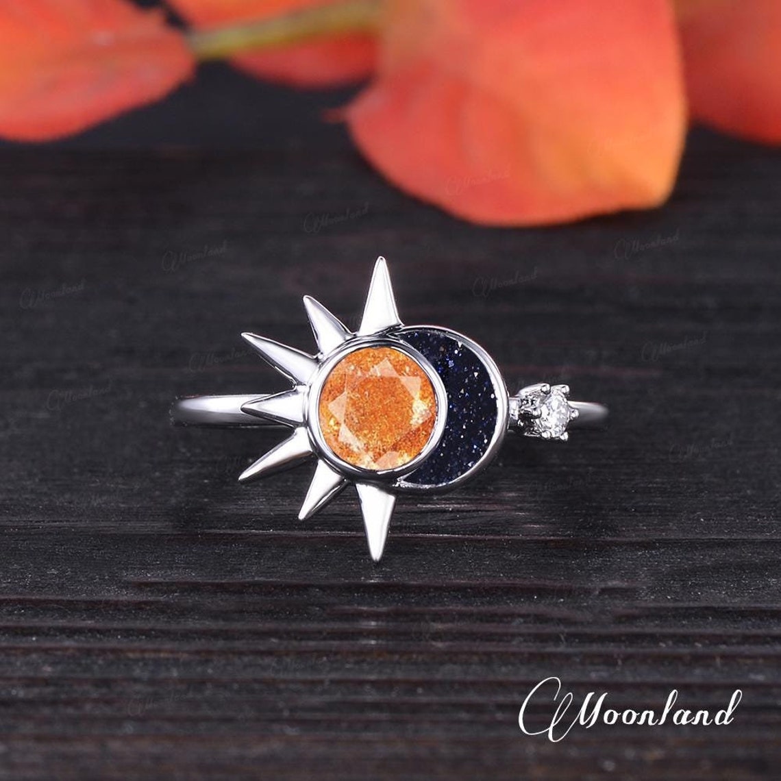 Unique Sunstone Engagement Ring Sun & Moon Ring Blue Sandstone Galaxy ...