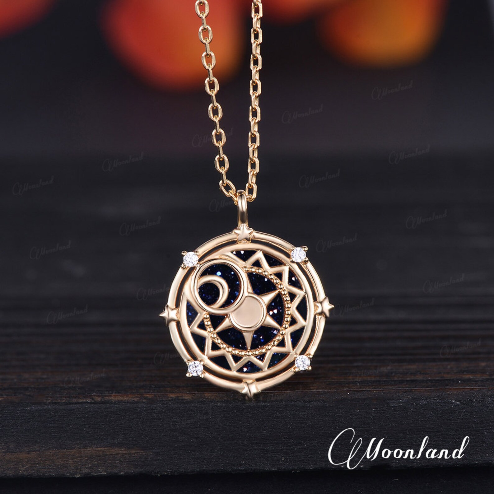 Blue Sandstone Necklace Sun Moon Star Yellow Gold North Star Pendant ...
