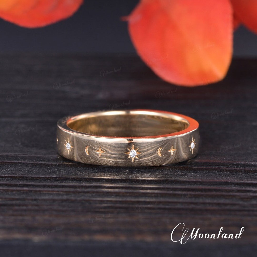 Moon and Star Wedding Band Moissanite Couples Ring Set Mens Wedding ...