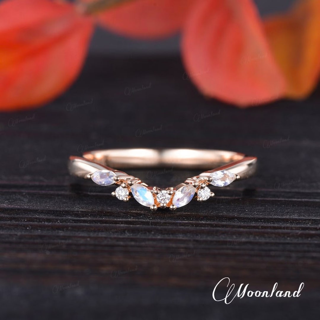 Vintage Moonstone Wedding Band Women Unique Marquise Moonstone Stacking ...