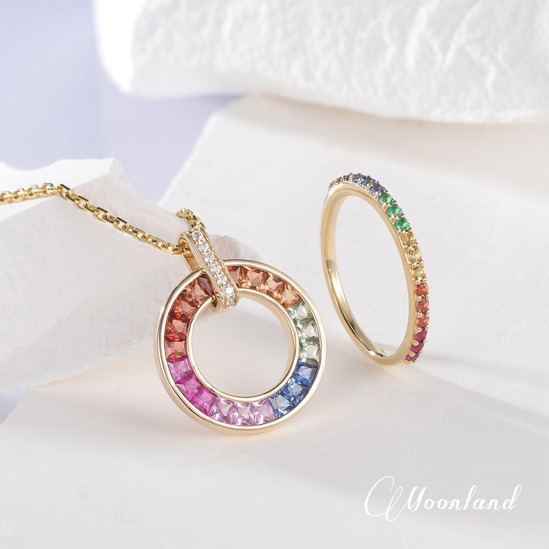 Vintage Rainbow Sapphire Wedding Band Women Bezel Set Princess Cut ...
