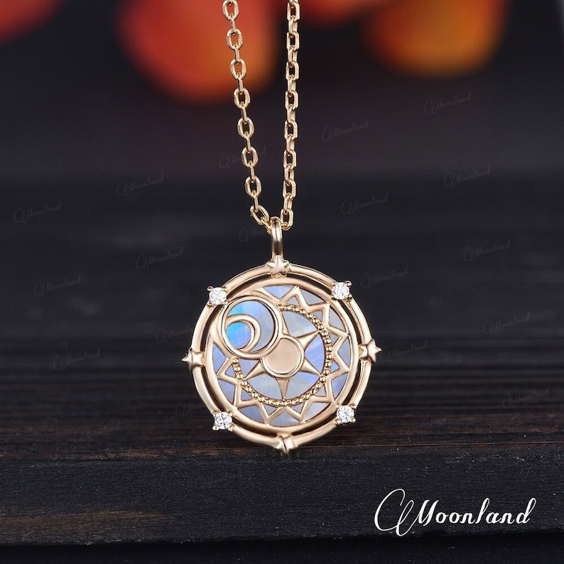 Moonstone Necklace Sun Moon Star Yellow Gold North Star Pendant Witch ...