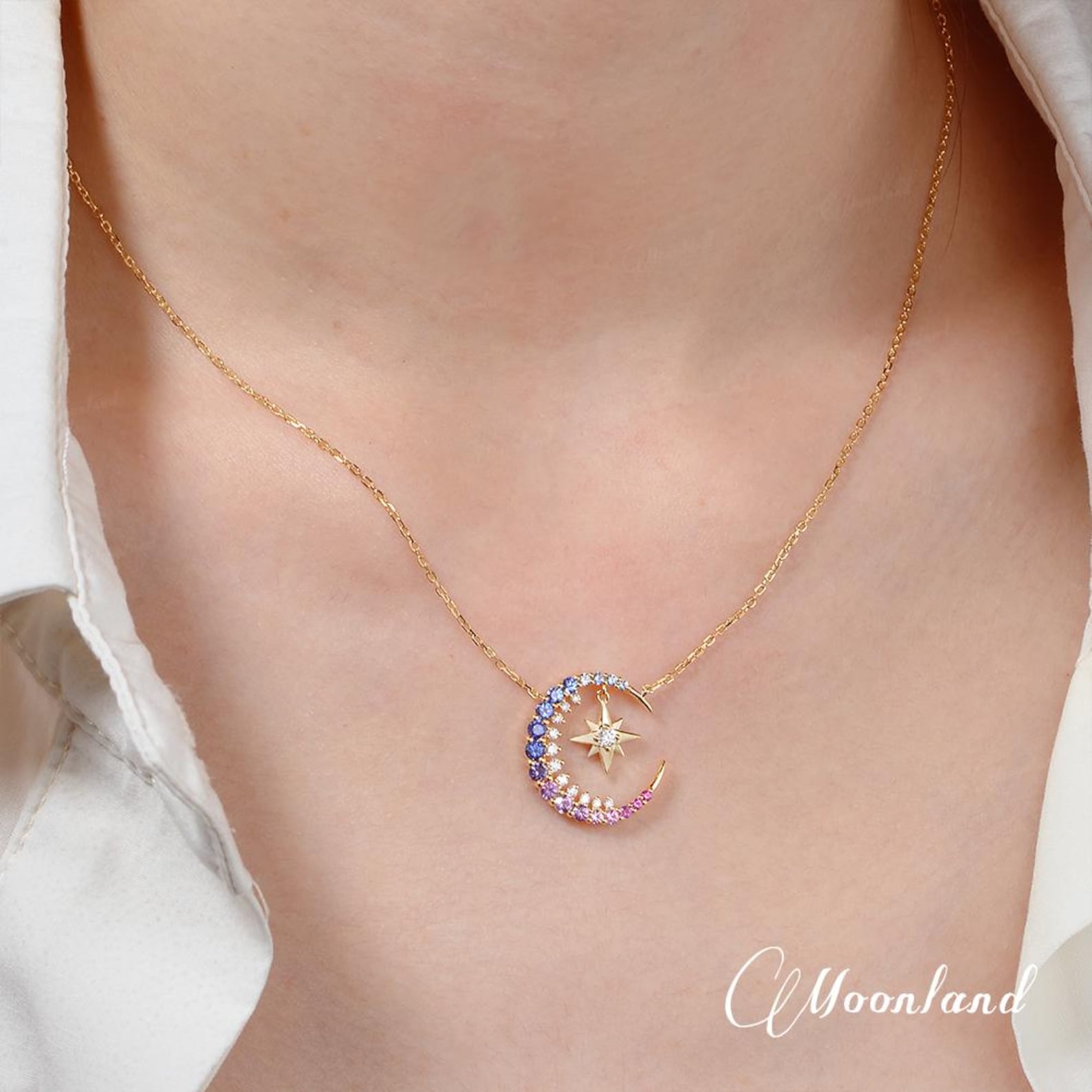 Dainty Sapphire Necklace Gradient Blue Pink Sapphire Moon Star Pendant ...