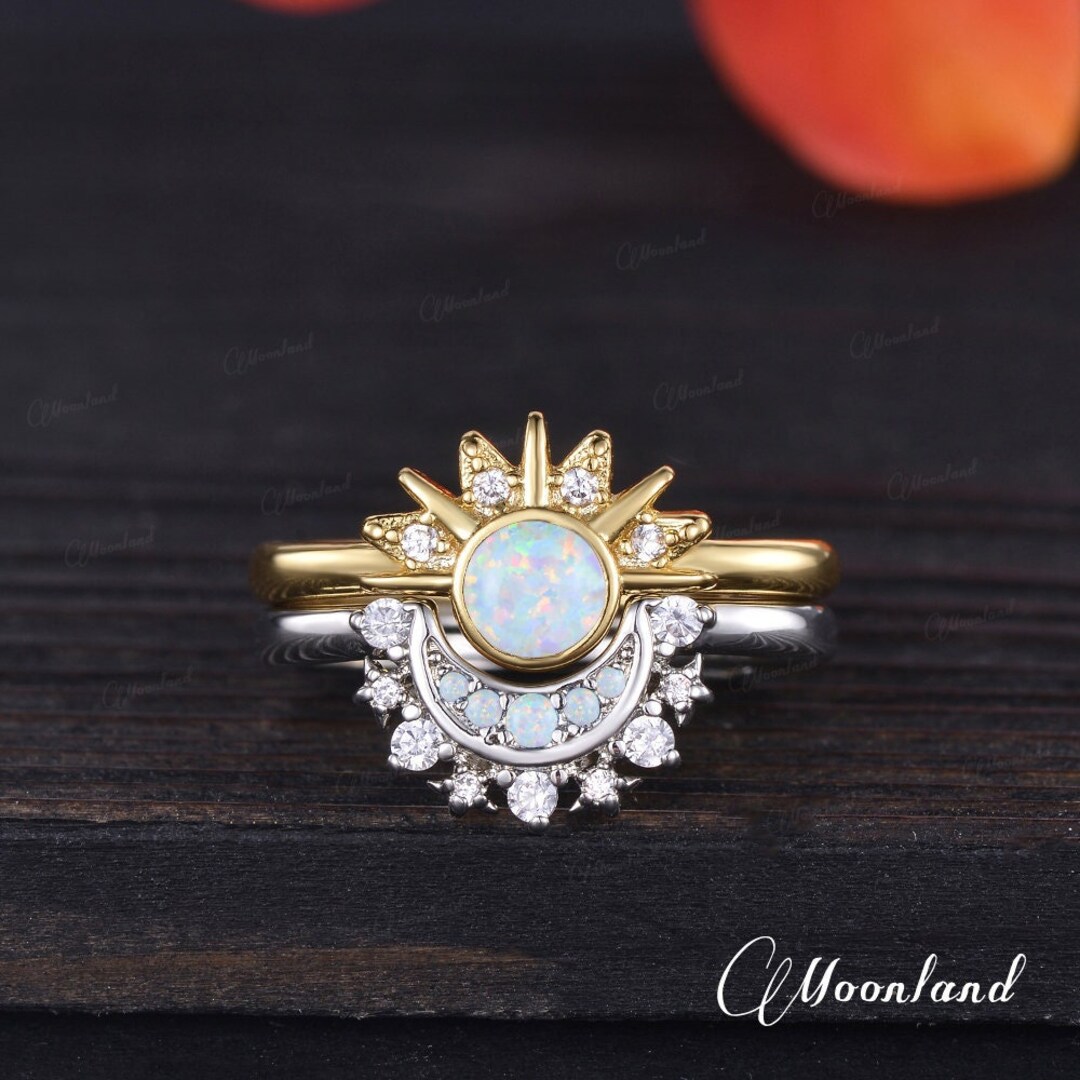 Vintage Opal Sun and Moon Ring Set Art Deco Yellow Gold Bezel Set Halo ...