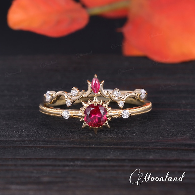 Unique Ruby Engagement Ring Set Vintage Yellow Gold Sun and Moon ...