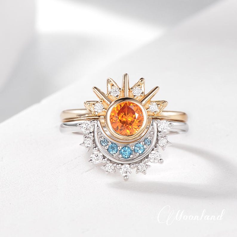 Unique Sun and Moon Engagement Ring Set Orange Sapphire Blue Topaz ...