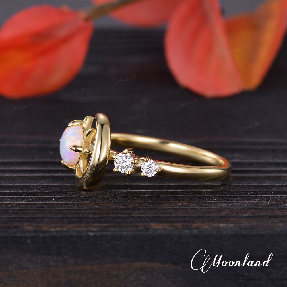 Unique Moon and Sun Engagement Ring White Gold Opal Bridal Ring Vintage ...
