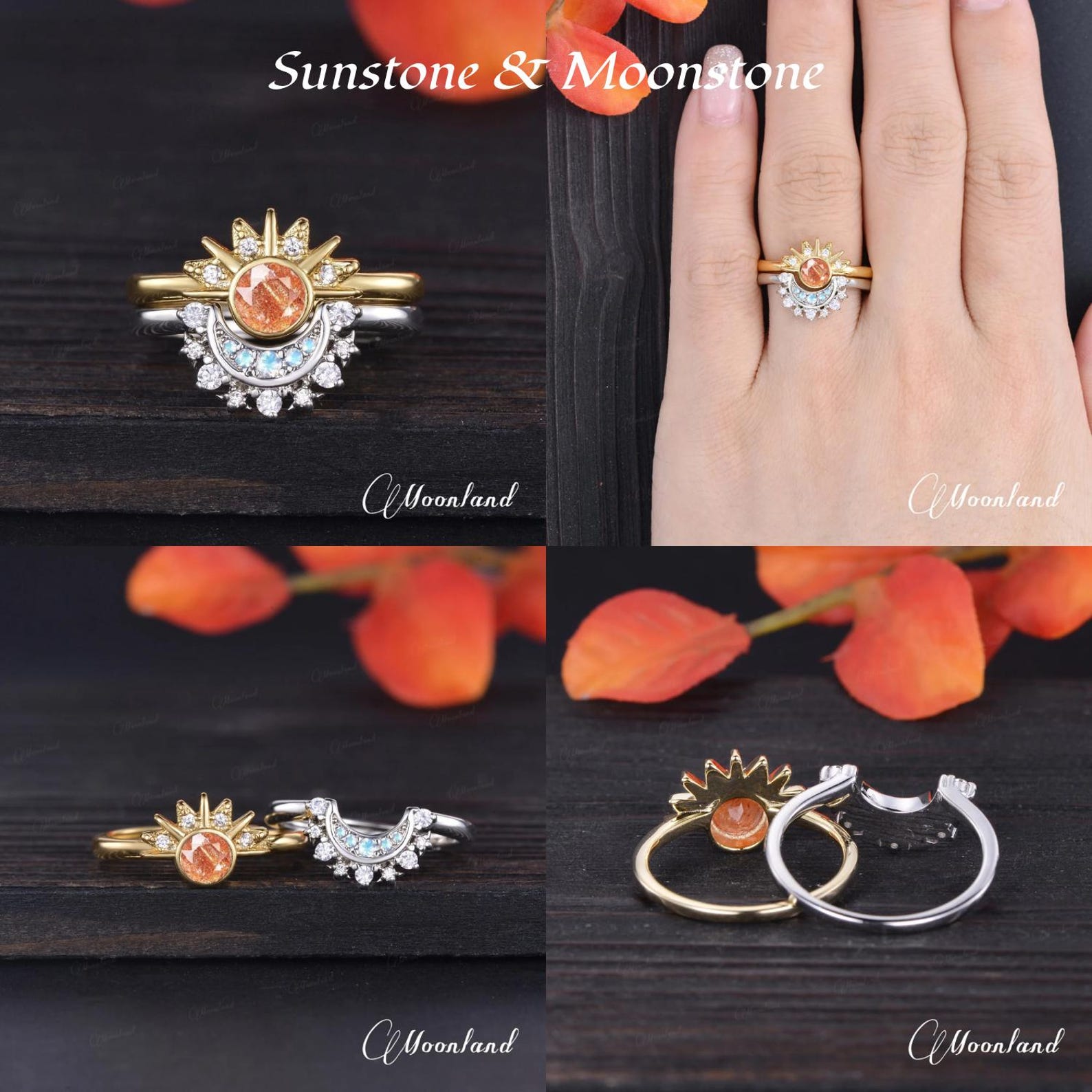Unique Sun and Moon Engagement Ring Set Orange Sapphire Blue Topaz ...
