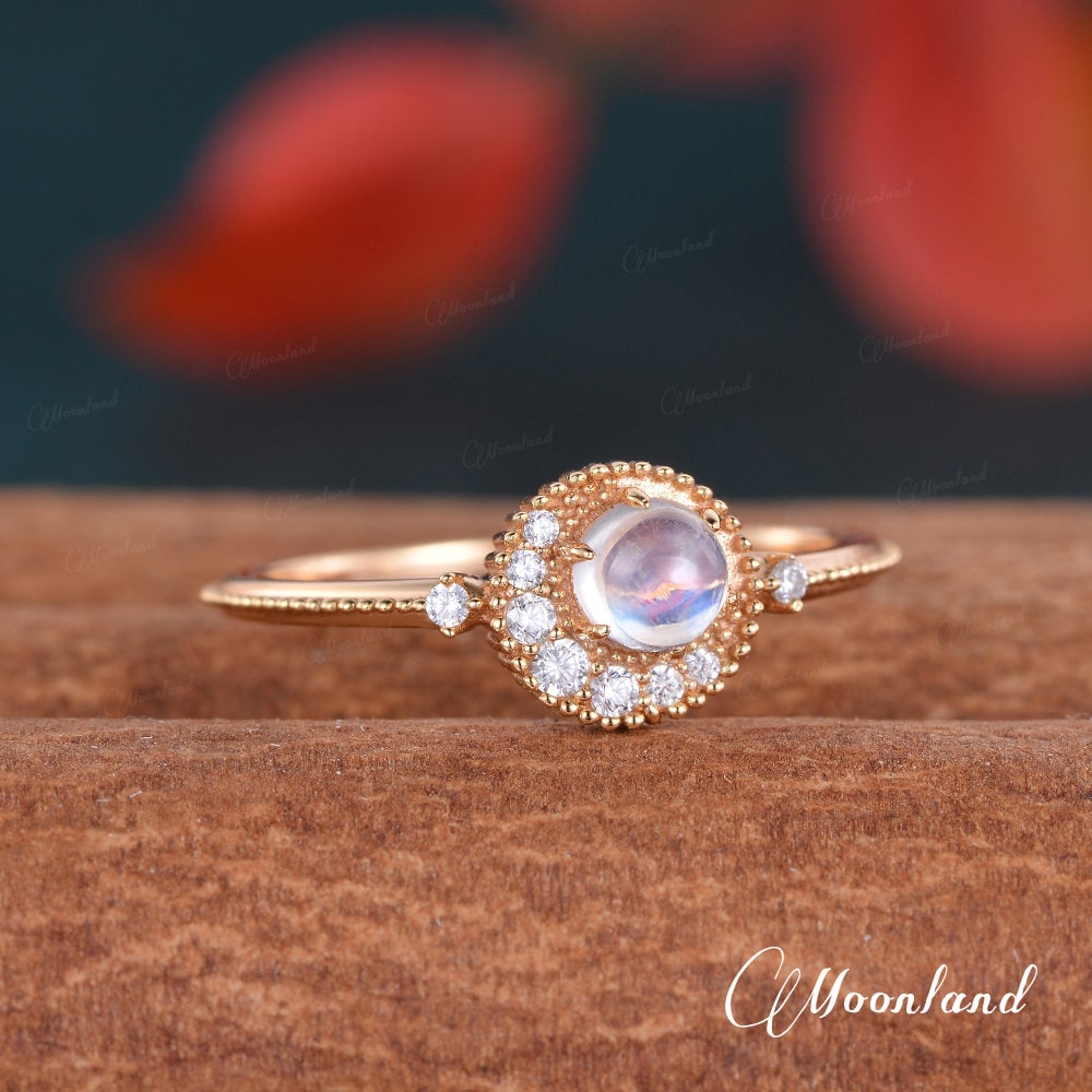 Vintage Moon Ring Rose Gold Moonstone Engagement Ring Celestial Ring ...
