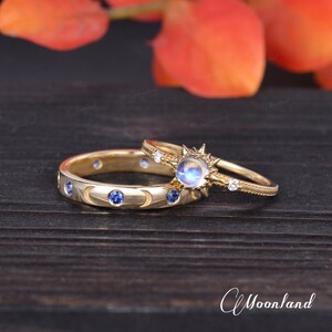Unique Sun Engagement Ring Set Moonstone Sapphire Wedding Ring Yellow ...