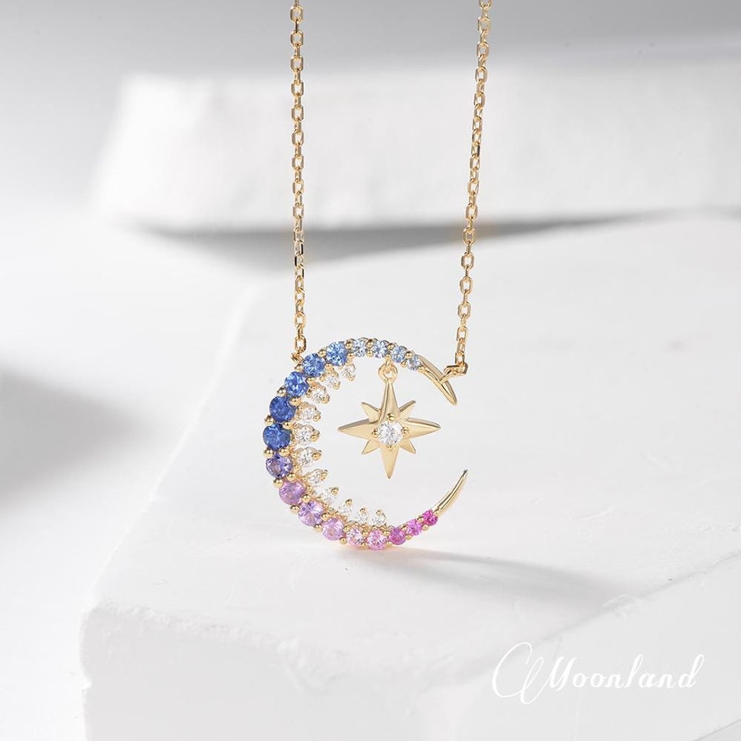 Dainty Sapphire Necklace Gradient Blue Pink Sapphire Moon Star Pendant ...