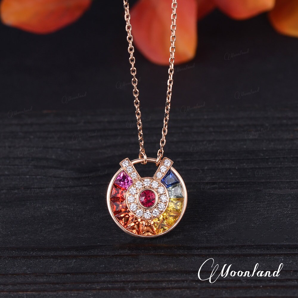 Unique Natural Rainbow Sapphire Necklace Channel Set Circle Pendant ...