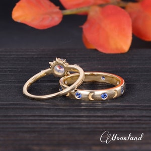 Unique Sun Engagement Ring Set Moonstone Sapphire Wedding Ring Yellow ...