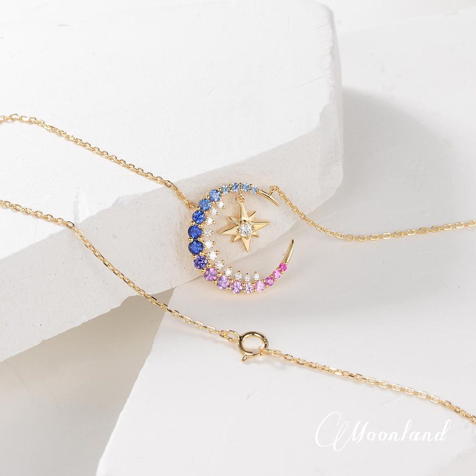 Dainty Sapphire Necklace Gradient Blue Pink Sapphire Moon Star Pendant ...
