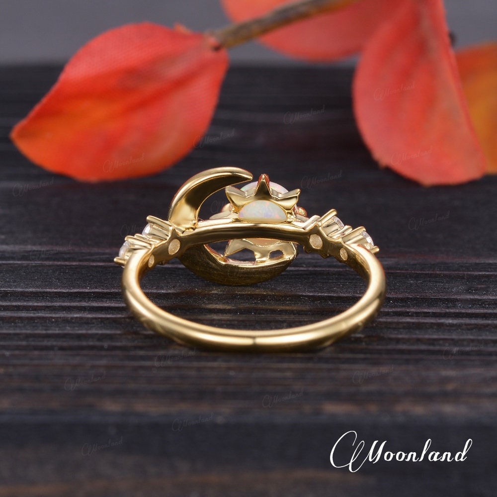 Unique Moon and Sun Engagement Ring White Gold Opal Bridal Ring Vintage ...