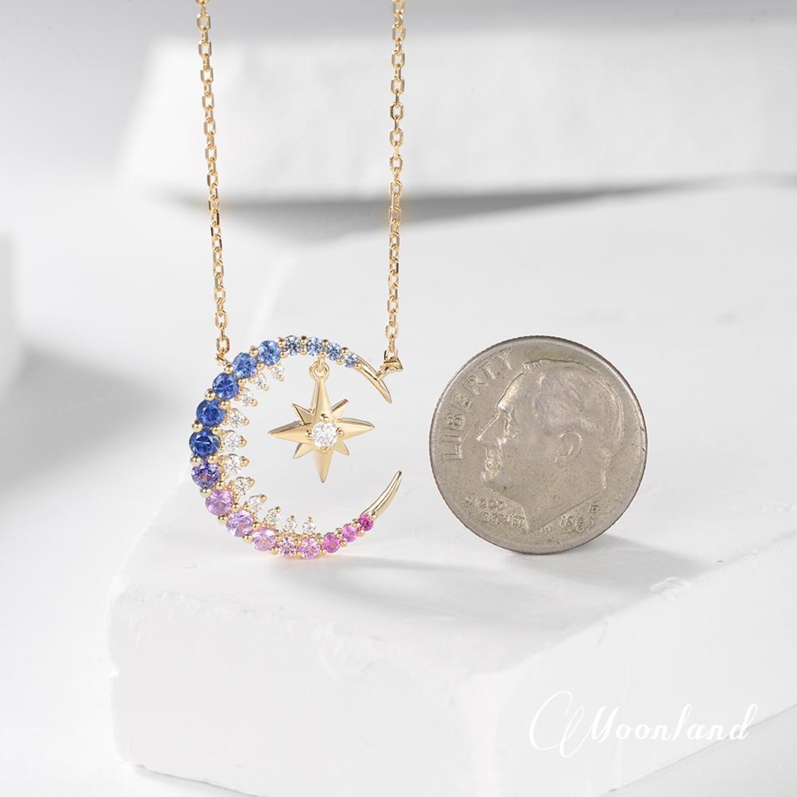 Dainty Sapphire Necklace Gradient Blue Pink Sapphire Moon Star Pendant ...