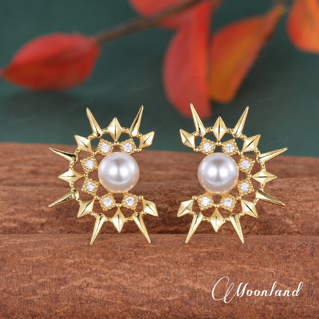 Sun Stud Earrings Unique Yellow Gold Pearl Earrings Spikes Sunburst ...