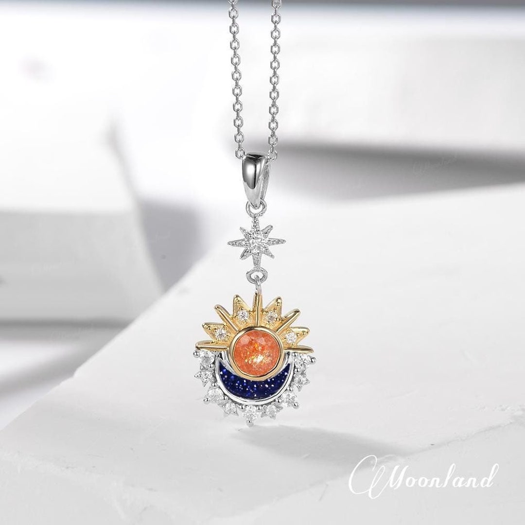 Sun and Moon Pendant Necklace Unique Two Tone Gold Bezel Sunstone Moon ...