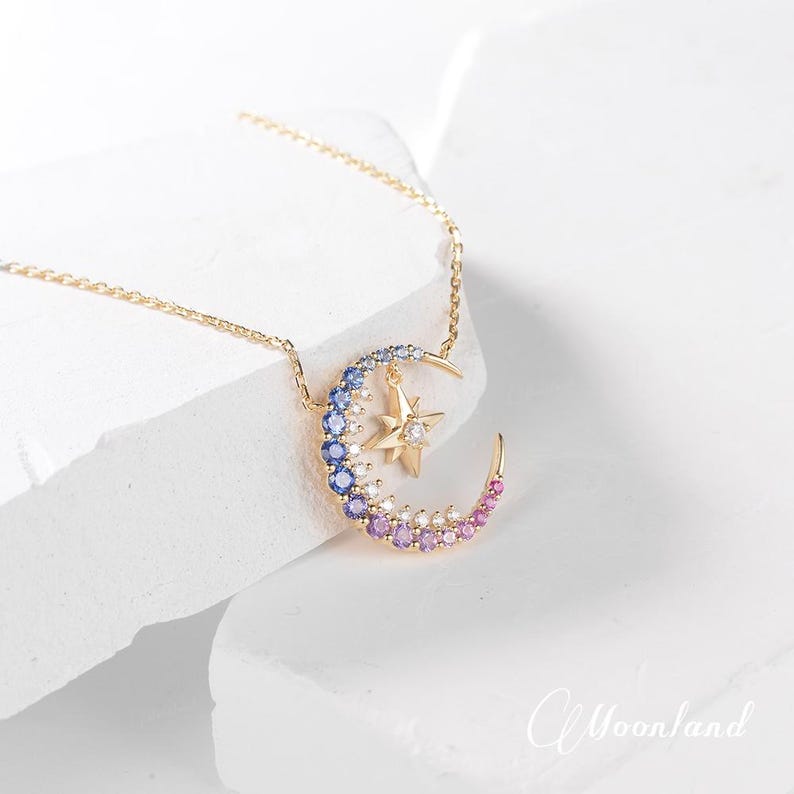 Dainty Sapphire Necklace Gradient Blue Pink Sapphire Moon Star Pendant ...
