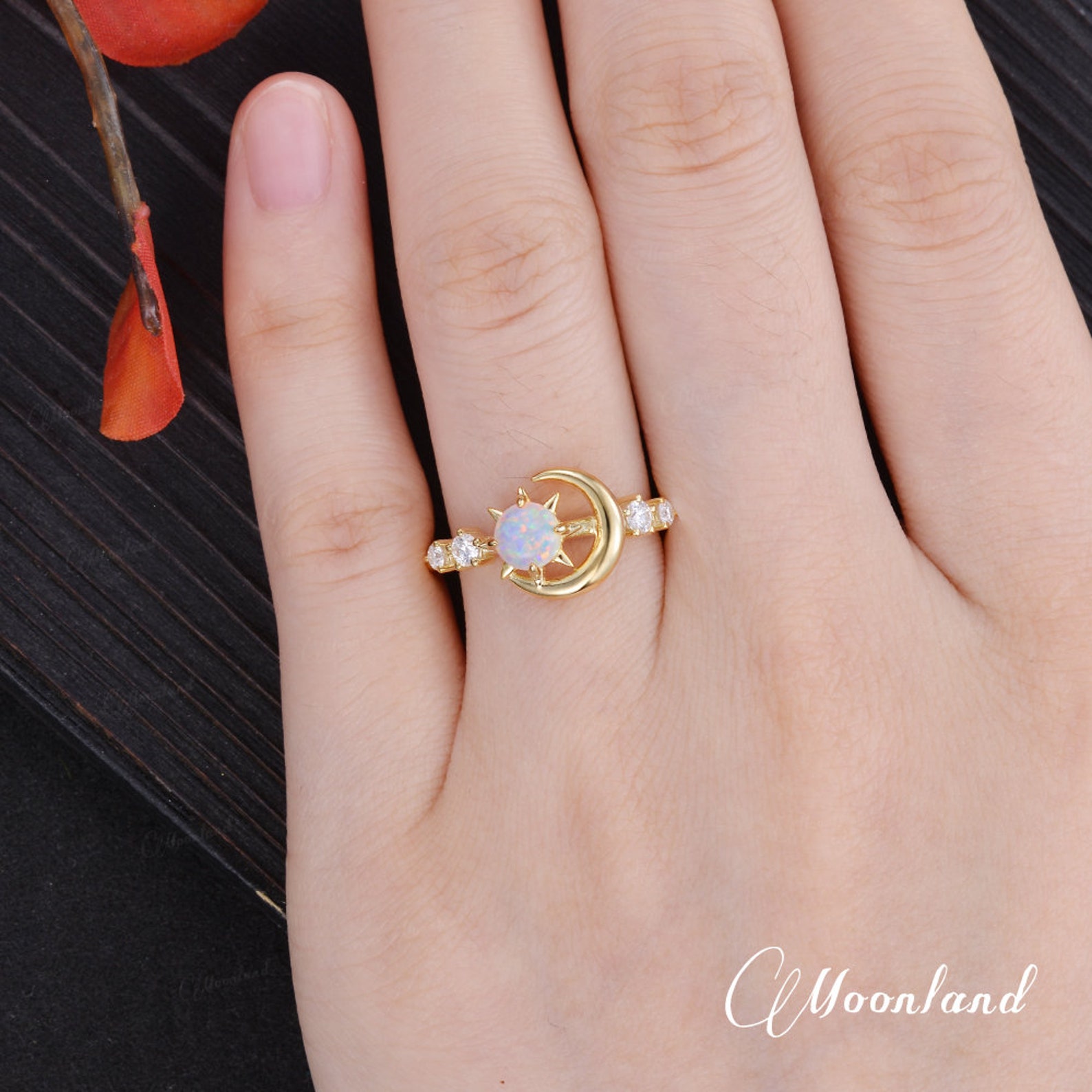 Unique Moon and Sun Engagement Ring White Gold Opal Bridal Ring Vintage ...