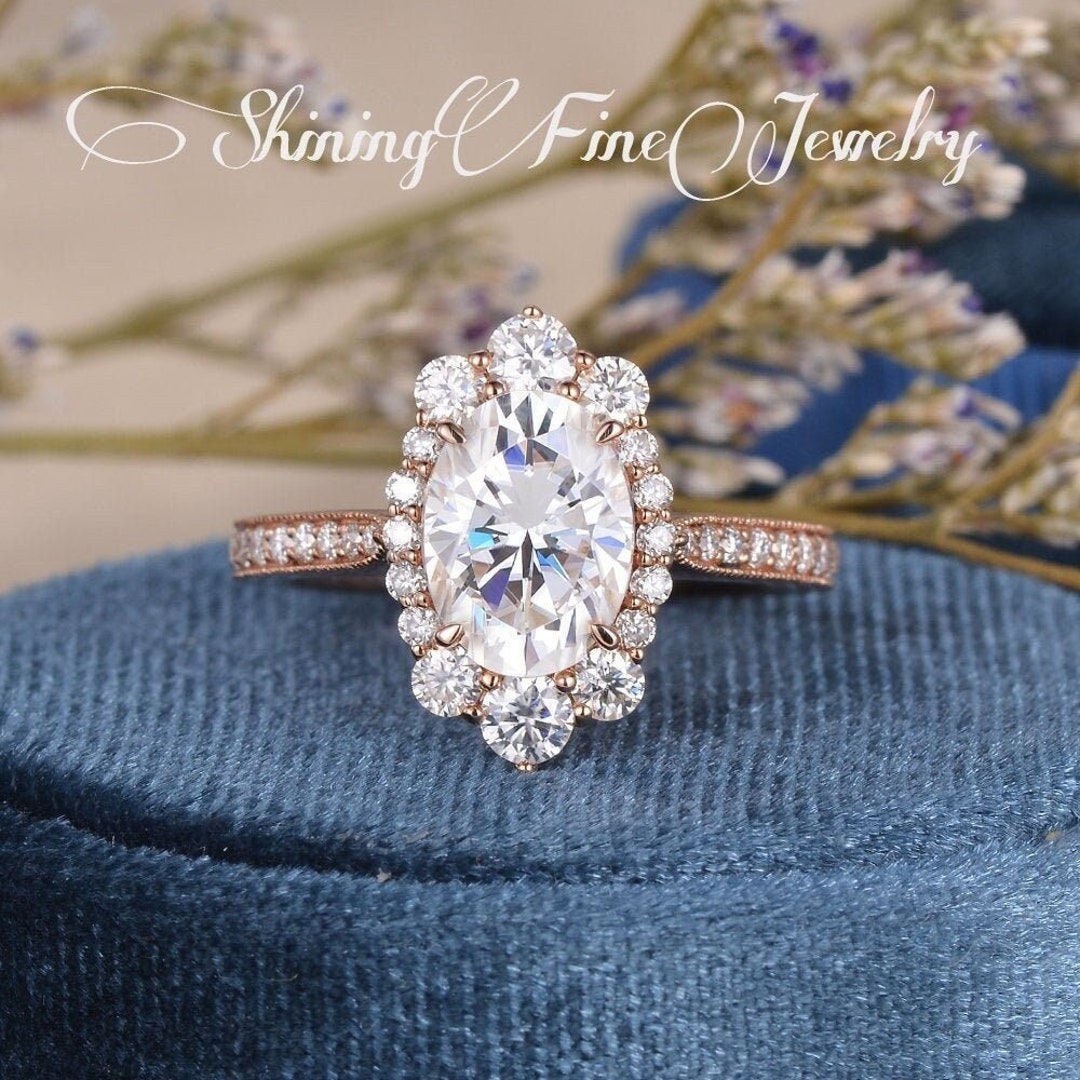 Cocktail Ring 2CT Moissanite Engagement Ring 9x7mm Moissanite Halo Ring ...