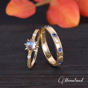 Unique Sun Engagement Ring Set Moonstone Sapphire Wedding Ring Yellow ...