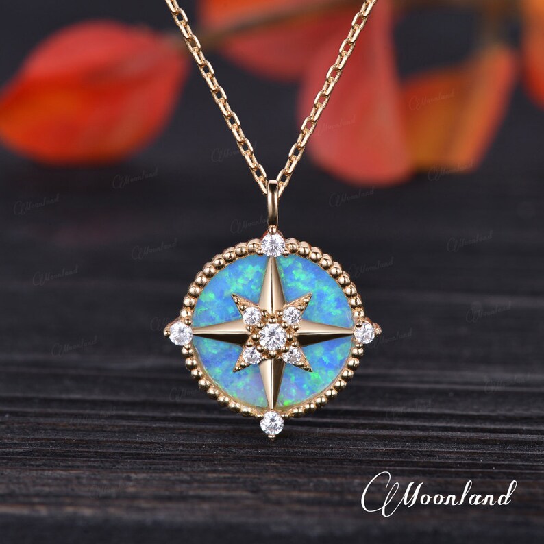 North Star Opal Pendant Compass Necklace Yellow Gold Personalized ...