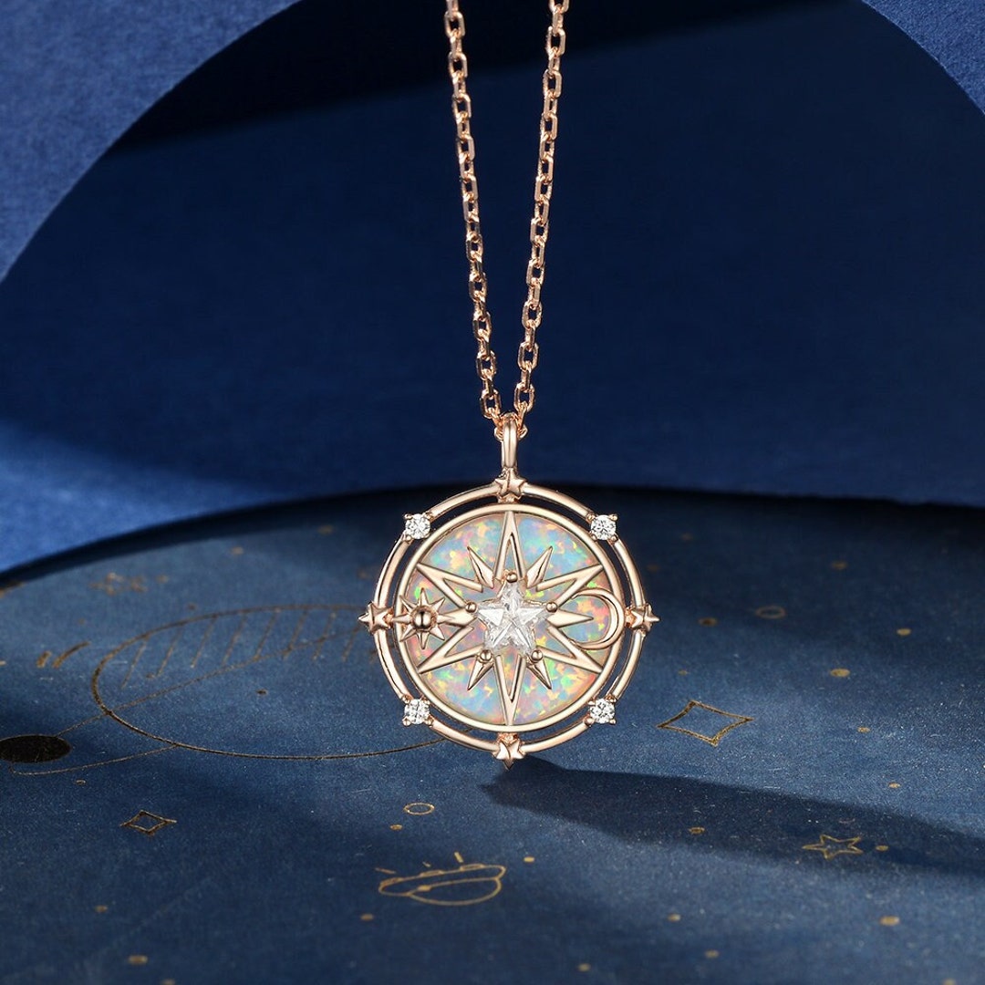 Vintage Opal Pendant North Star Compass Necklace Yellow Gold Celestial ...
