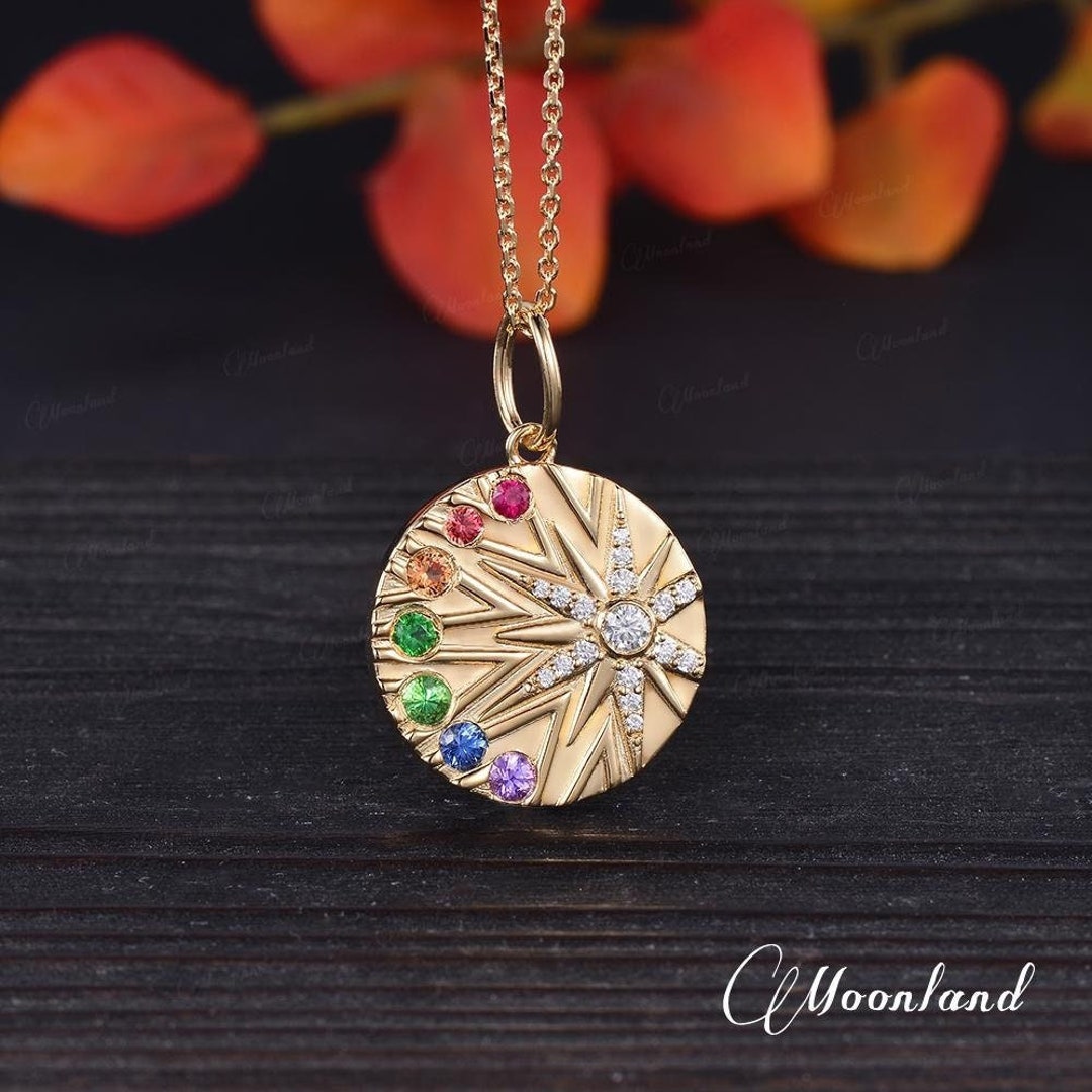 Rainbow Sapphire Starburst Pendant Necklace Moissanite Pendant ...