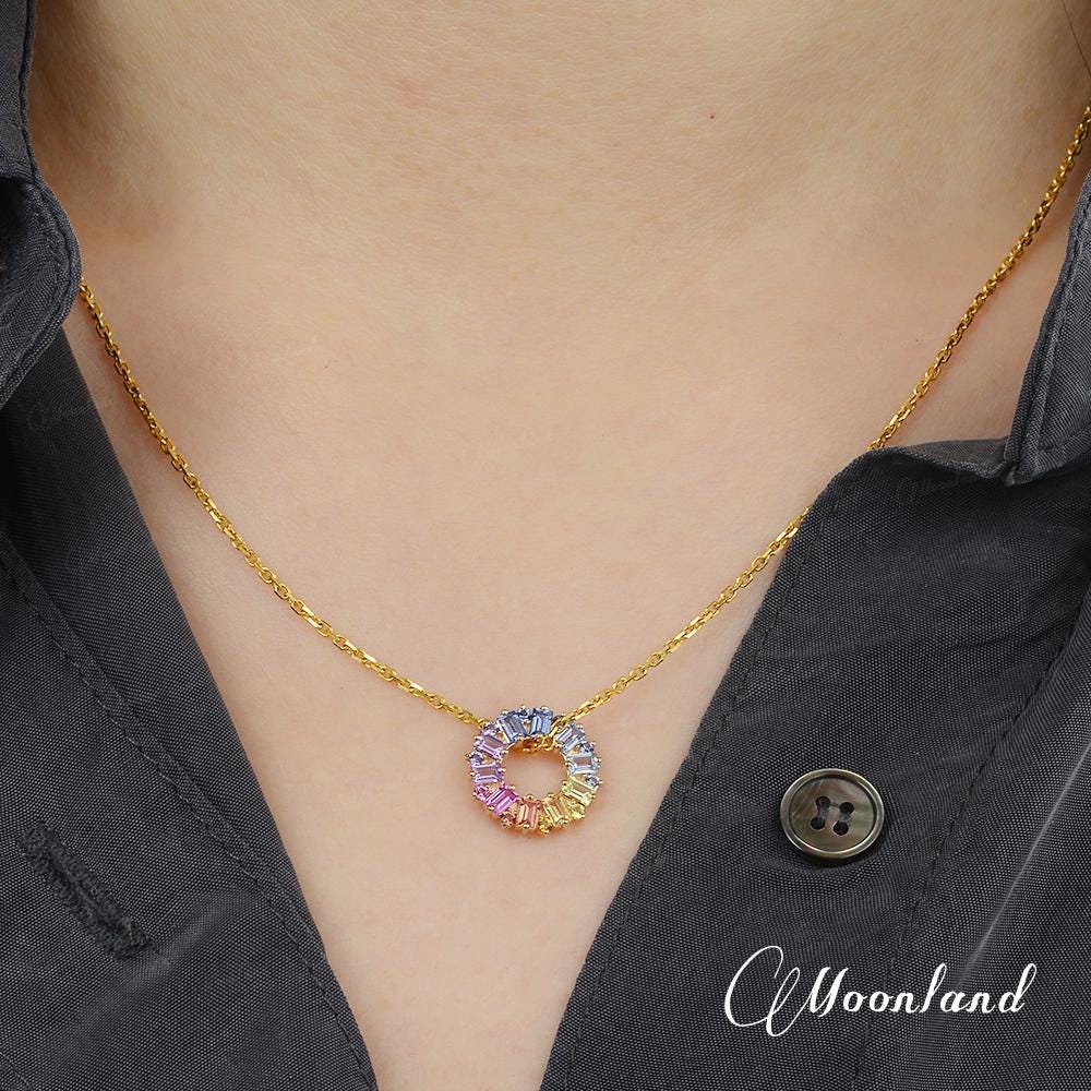 Dainty Rainbow Sapphire Pendant Necklace Emerald Cut Multi Color ...