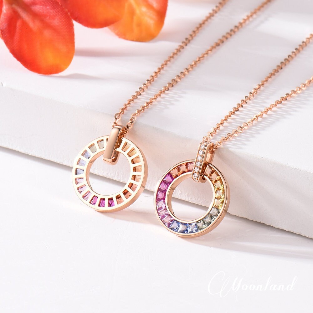 Natural Rainbow Sapphire Necklace Unique Channel Set Circle Pendant ...