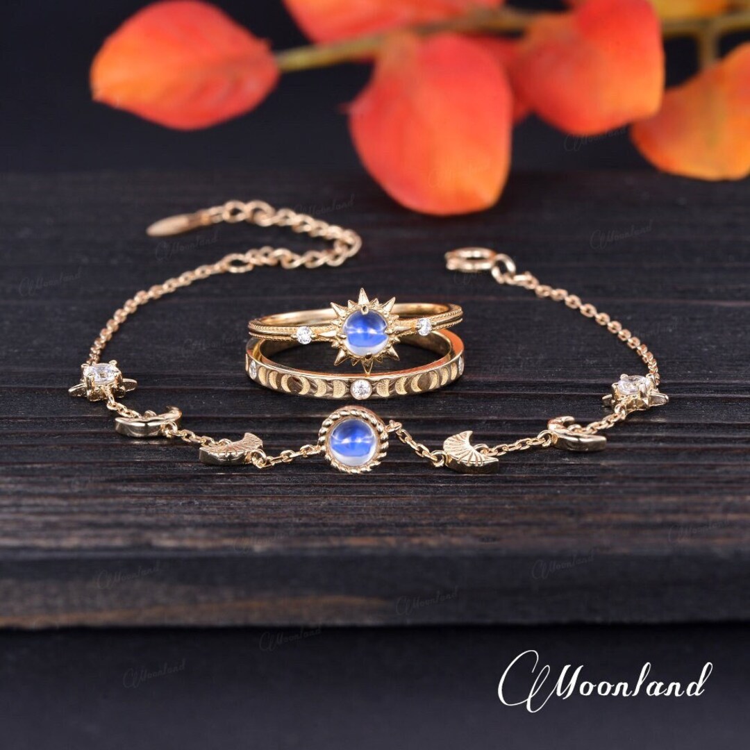 Natural Moonstone Jewelry Set Sun Engagement Ring Set Moon Bracelet ...