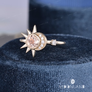 Morganite Engagement Ring Vintage Celestial Wedding Ring Women Yellow Gold Sun Catching Moon ...