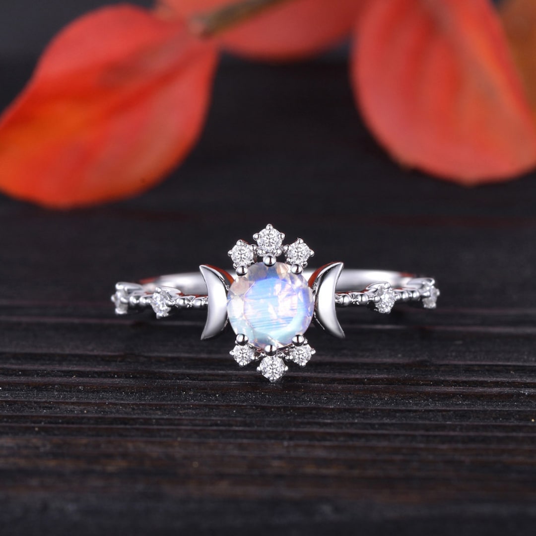 Vintage Moonstone Engagement Ring Rose Gold Moon Crescent Wedding Ring ...