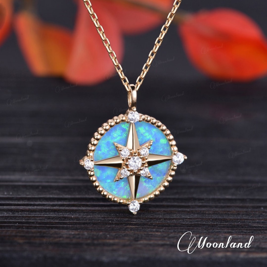 North Star Opal Pendant Compass Necklace Yellow Gold Personalized ...