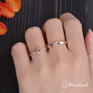 Unique Sun Engagement Ring Set Moonstone Sapphire Wedding Ring Yellow ...