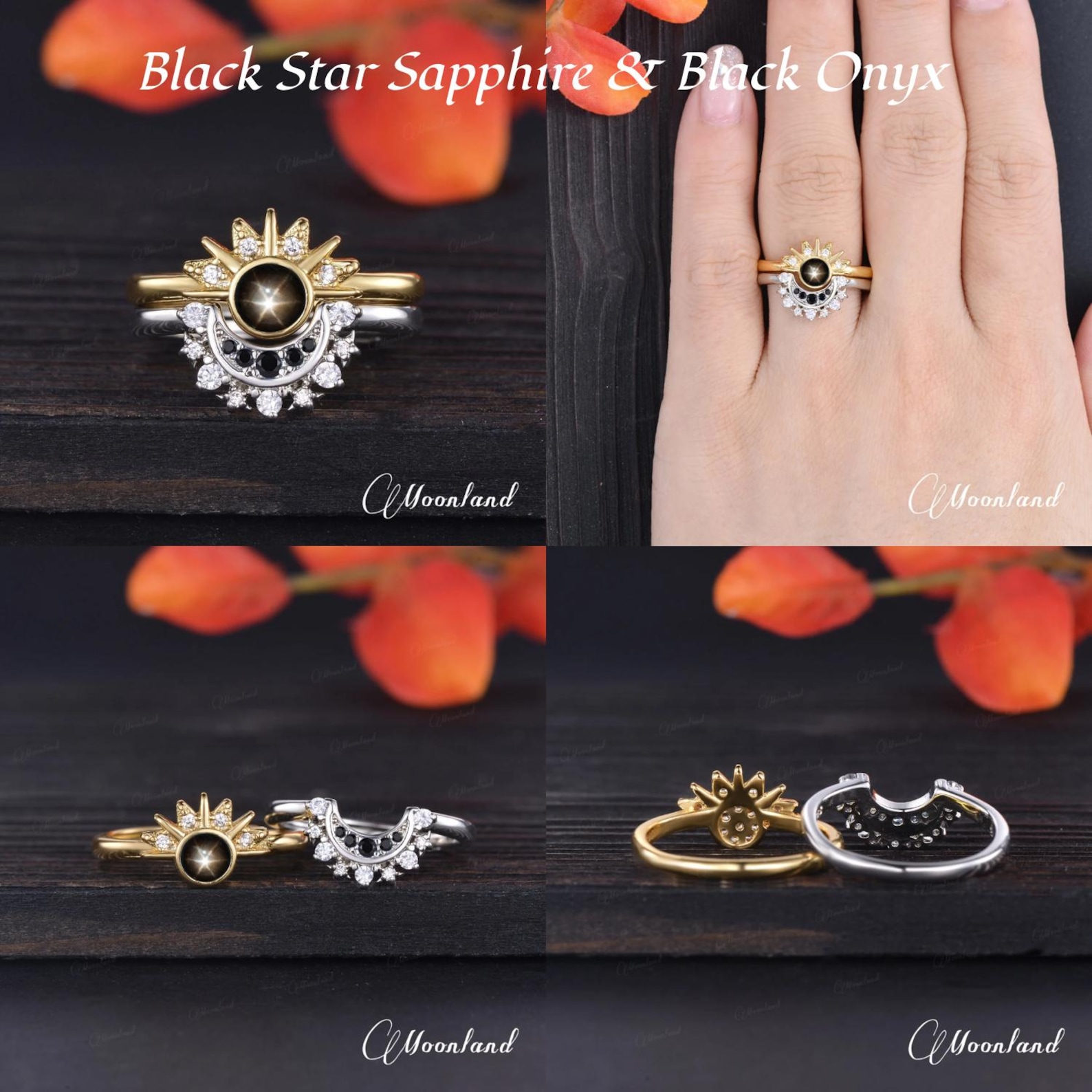 Unique Sun and Moon Engagement Ring Set Orange Sapphire Blue Topaz ...