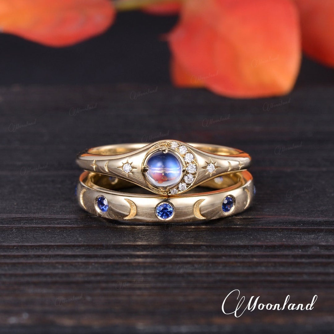 Natural Moonstone Engagement Ring Set Bezel Sapphire Wedding Ring ...