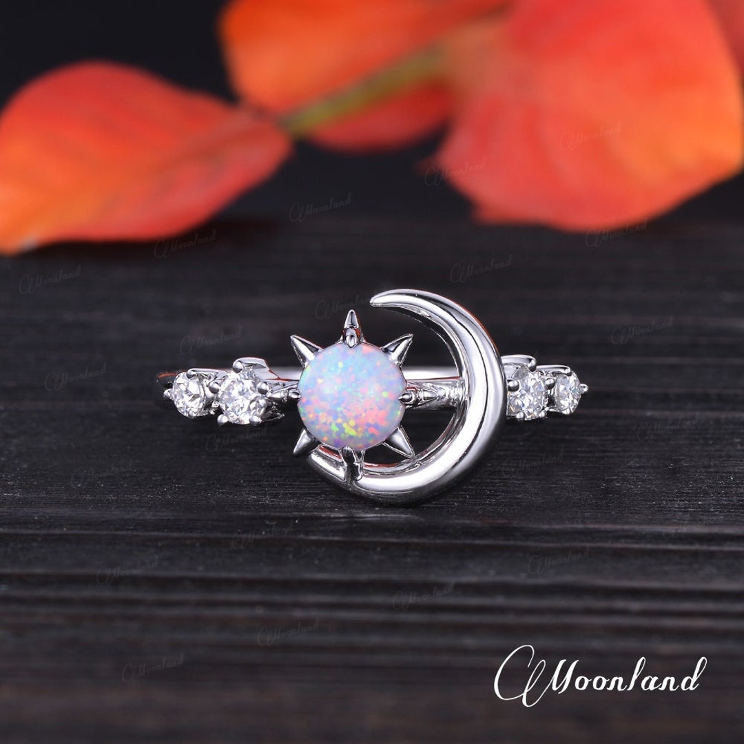 Unique Moon and Sun Engagement Ring White Gold Opal Bridal Ring Vintage ...