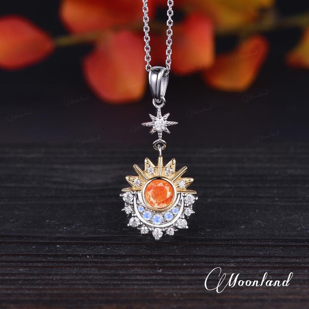 Sun and Moon Pendant Necklace Unique Two Tone Gold Bezel Sunstone ...